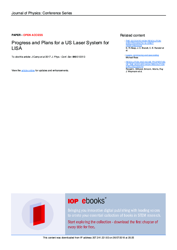 (PDF) Progress and Plans for a US Laser System for LISA