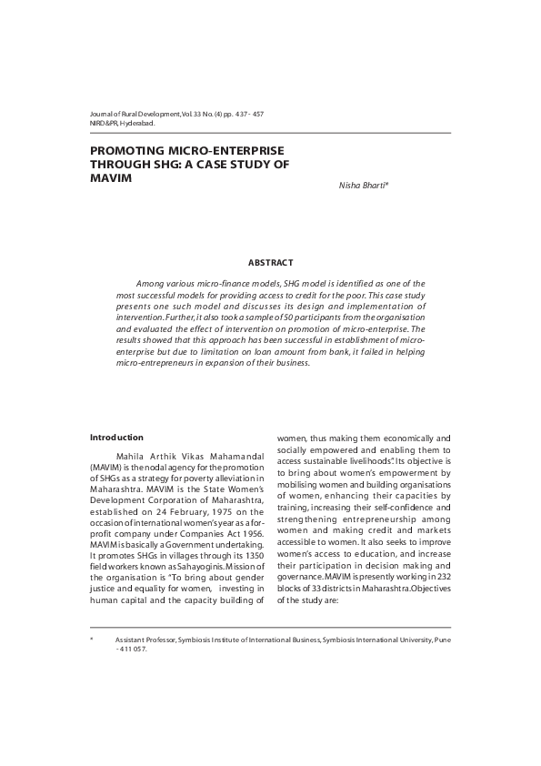 (PDF) Promoting Micro-Enterprise through SHG: A Case Study of MAVIM