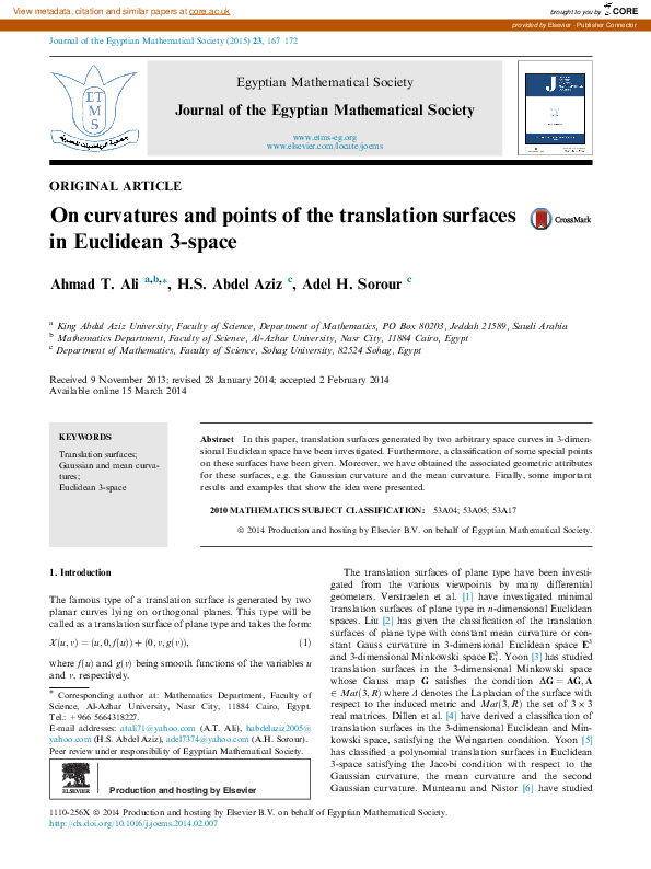 Pdf On Curvatures And Points Of The Translation Surfaces In Euclidean