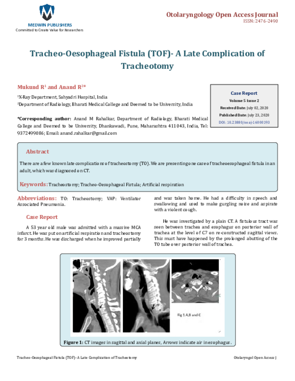 (PDF) Tracheo-Oesophageal Fistula (TOF)- A Late Complication of Tracheotomy