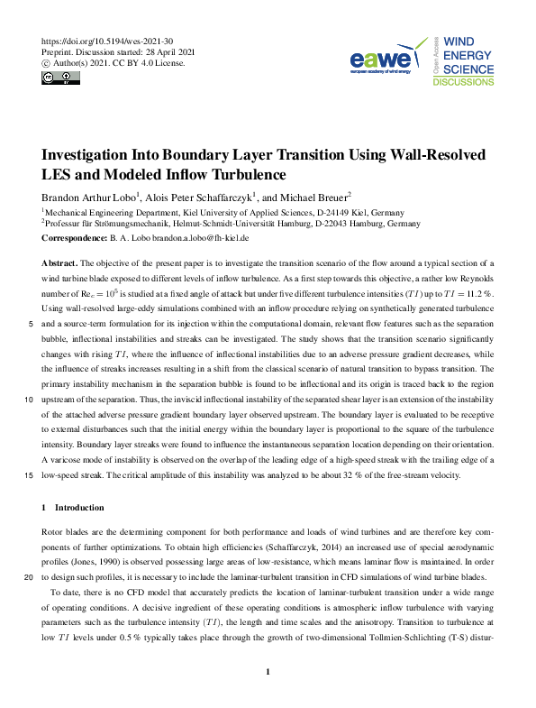 (PDF) Investigation Into Boundary Layer Transition Using Wall-Resolved LES and Modeled Inflow ...