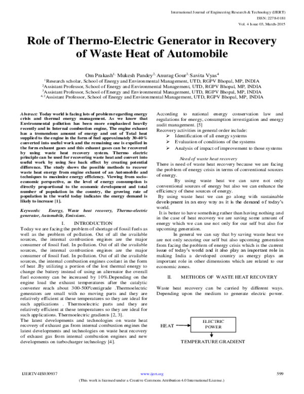 (PDF) Role of Thermo - Electric Generator in Recovery of Waste Heat of ...