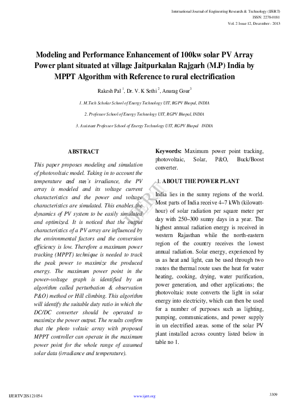 (PDF) Modeling and Performance Enhancement of 100kw solar PV Array Power plant situated at ...