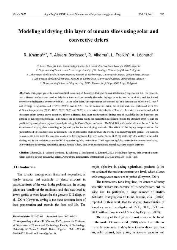 (PDF) Modeling of drying thin layer of tomato slices using solar and ...