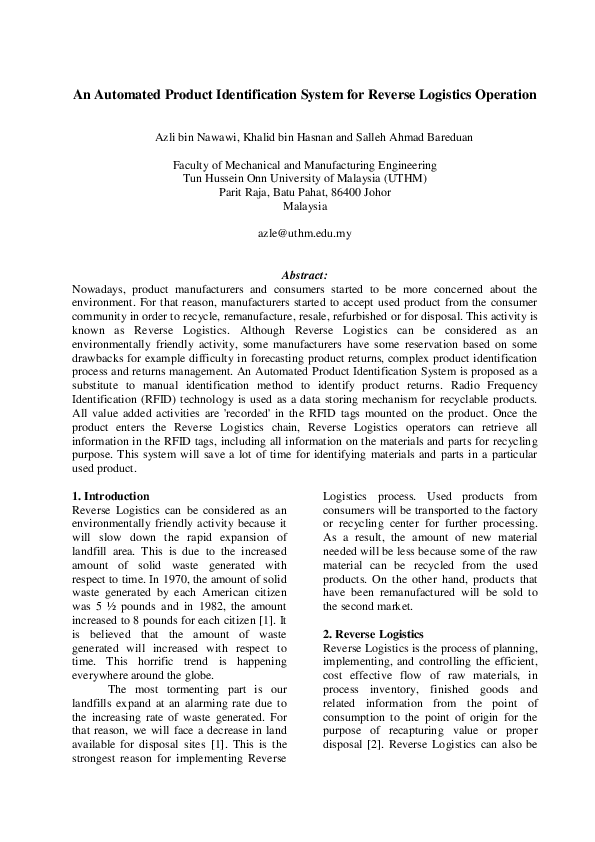 (PDF) An Automated Product Identification System for Reverse Logistics ...