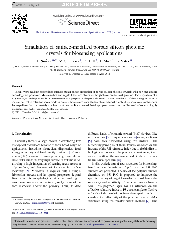 (PDF) Simulation of Surface-Modified Porous Silicon Photonic Crystals for biosensing applications