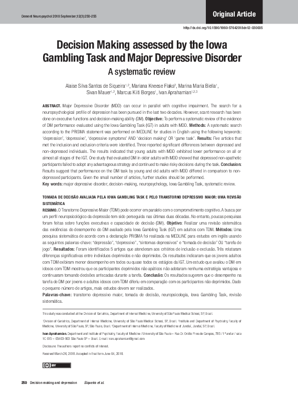 (PDF) Decision Making assessed by the Iowa Gambling Task and Major ...