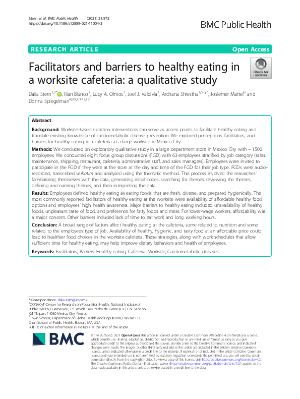 (PDF) Facilitators and barriers to healthy eating in a worksite ...