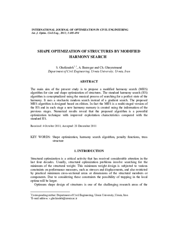 (PDF) Shape Optimization of Structures by Modified Harmony Search
