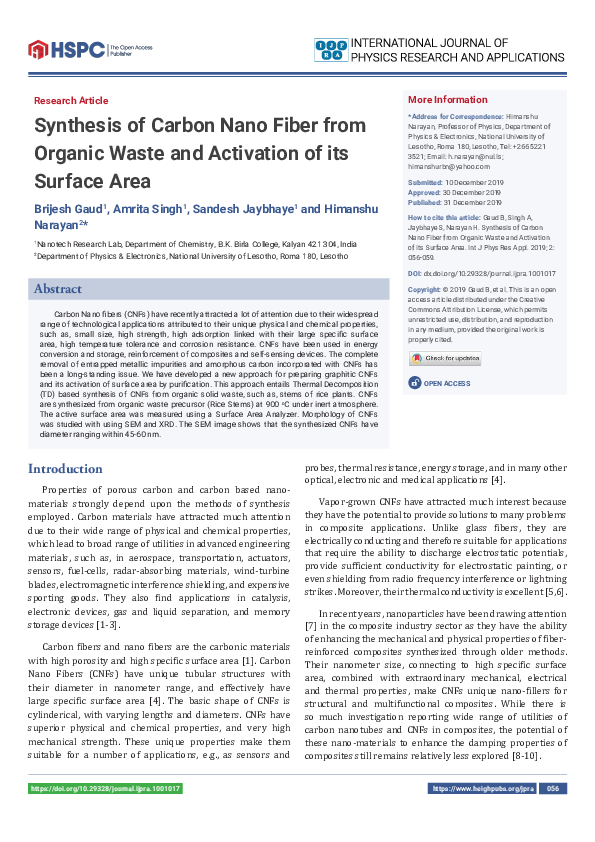 (PDF) Synthesis of Carbon Nano Fiber from Organic Waste and Activation ...