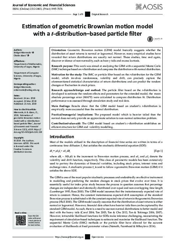 (PDF) Estimation of geometric Brownian motion model with a t-distribution–based particle filter
