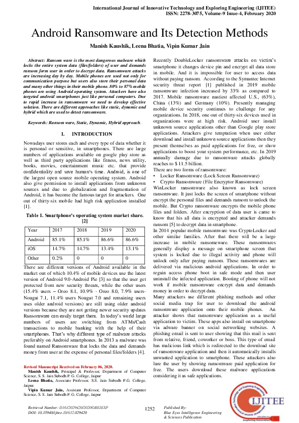 Pdf Android Ransomware And Its Detection Methods