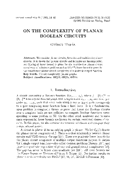 (PDF) On the complexity of planar Boolean circuits