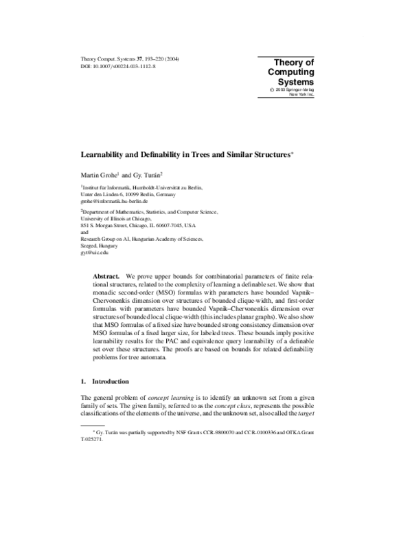 (PDF) Learnability and Definability in Trees and Similar Structures