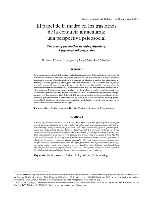 (PDF) El papel de la madre en los trastornos de la conducta alimentaria: una perspectiva psicosocial