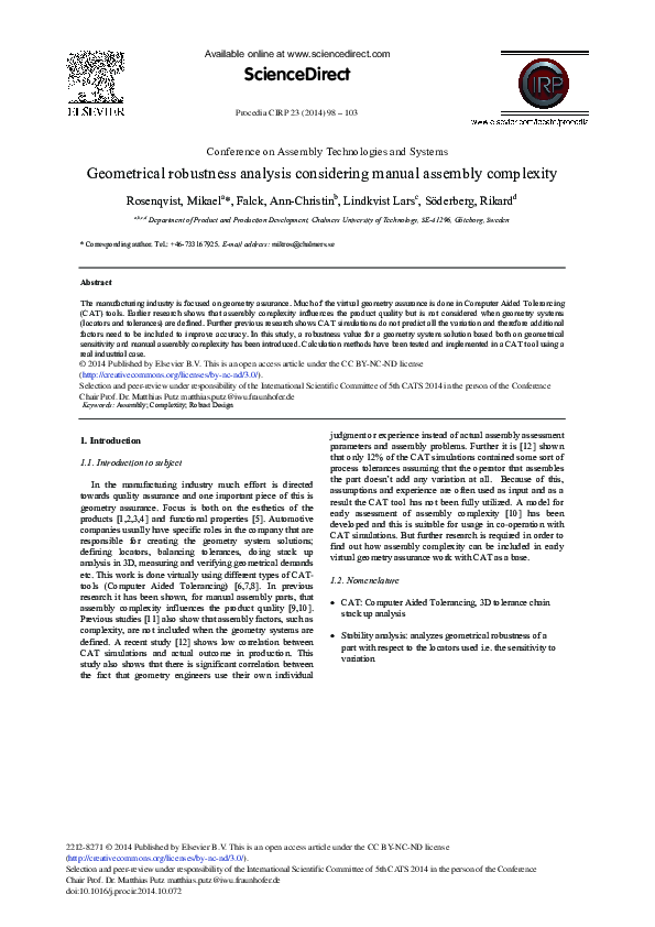 (PDF) Geometrical Robustness Analysis Considering Manual Assembly ...