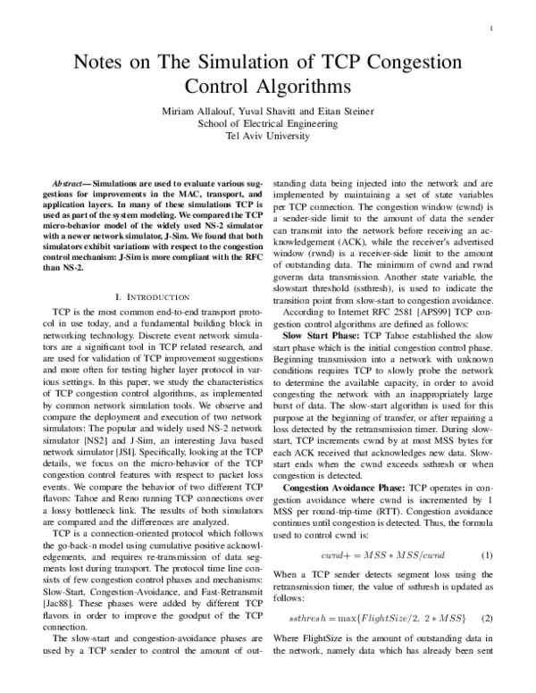 Pdf Notes On The Simulation Of Tcp Congestion Control Algorithms