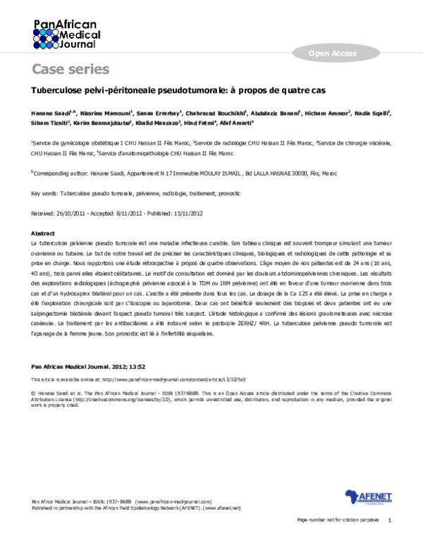 (PDF) Tuberculose pelvi-péritoneale pseudotumorale: à propos de quatre cas
