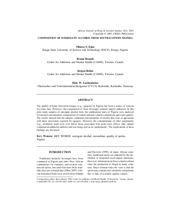 (PDF) Composition of surrogate alcohol from South-Eastern Nigeria