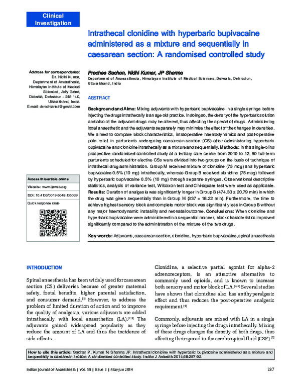 (PDF) Intrathecal clonidine with hyperbaric bupivacaine administered as ...