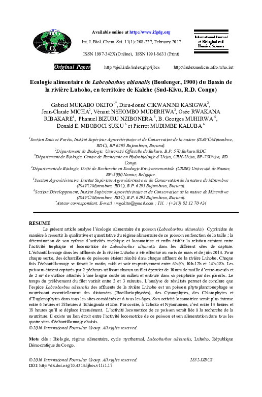 (PDF) Ecologie alimentaire de Labeobarbus altianalis (Boulenger, 1900 ...
