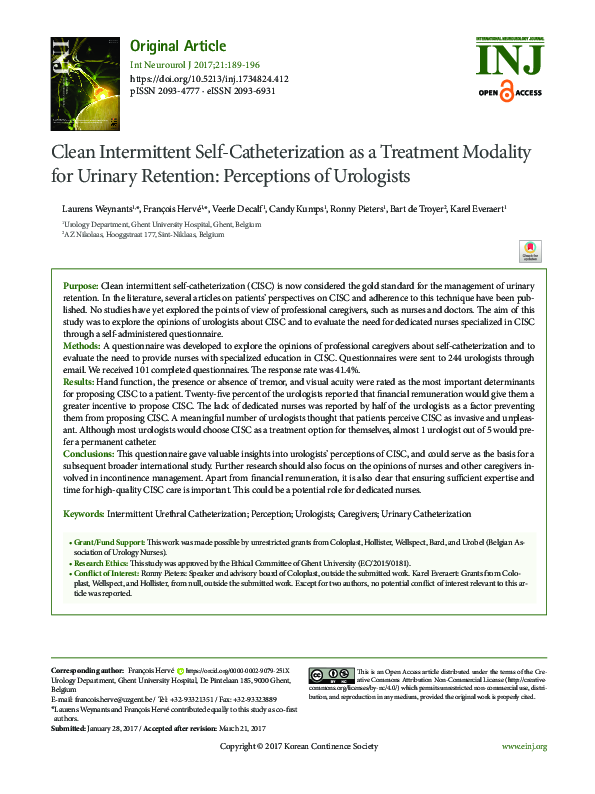 (PDF) Urologists' Perspectives on Self-Catheterization