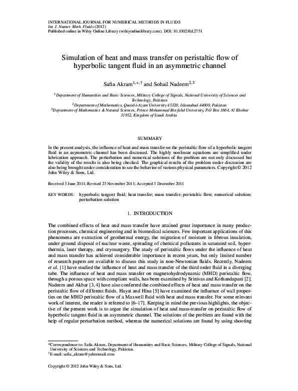 (PDF) Simulation of heat and mass transfer on peristaltic flow of hyperbolic tangent fluid in an ...