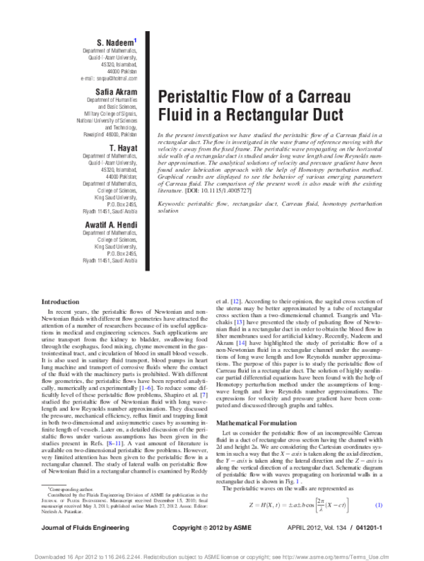 (PDF) Peristaltic Flow of a Carreau Fluid in a Rectangular Duct