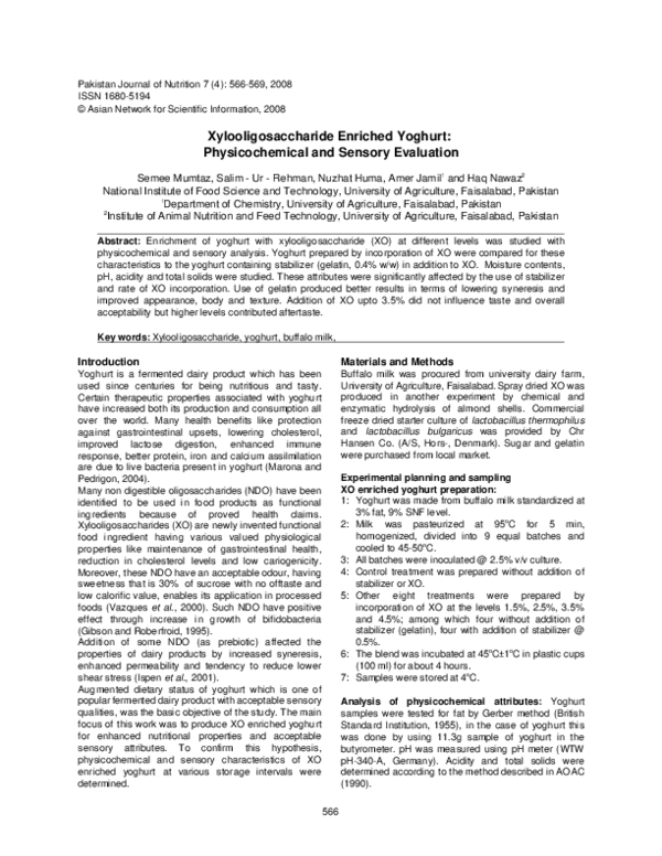 (PDF) Xylooligosaccharide Enriched Yoghurt: Physicochemical and Sensory Evaluation