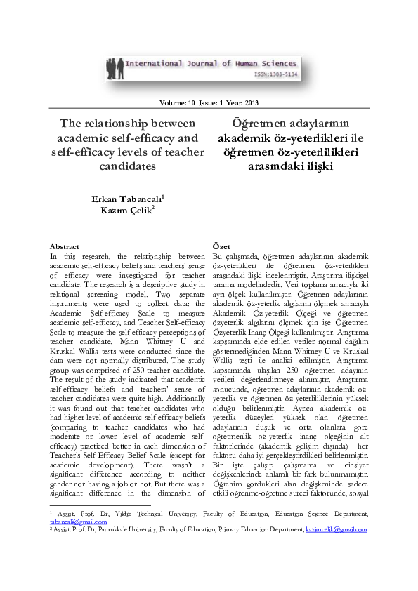 (PDF) The relationship between academic self-efficacy and self-efficacy levels of teacher ...