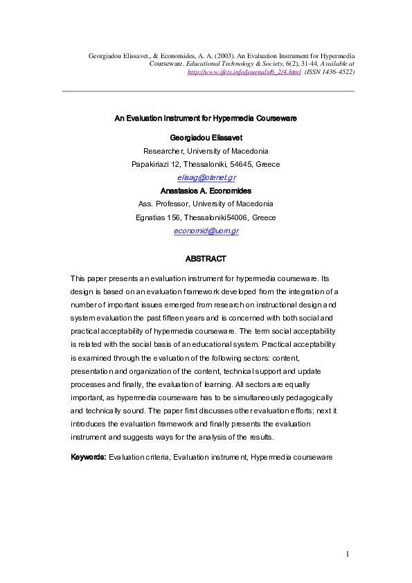 (PDF) An evaluation instrument for hypermedia courseware