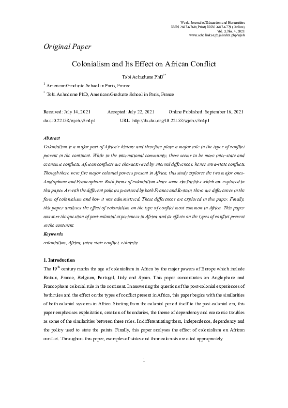 (PDF) Colonialism and Its Effect on African Conflict