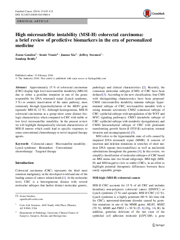 Pdf High Microsatellite Instability Msi H Colorectal Carcinoma A