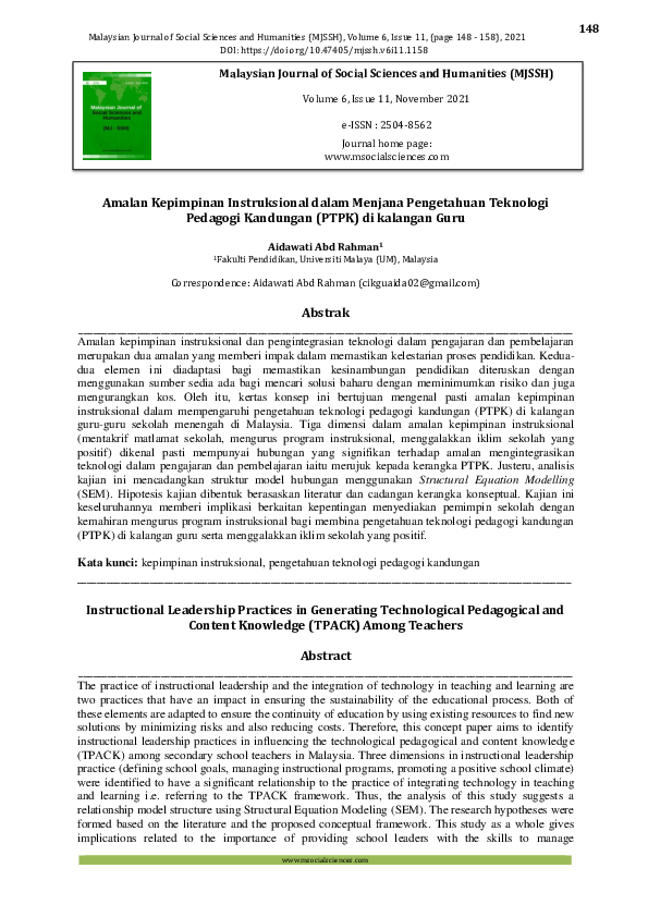 (PDF) Amalan Kepimpinan Instruksional dalam Menjana Pengetahuan Teknologi Pedagogi Kandungan ...