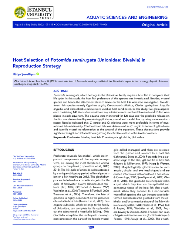 (PDF) Host Selection of Potomida semirugata (Unionidae: Bivalvia) in ...