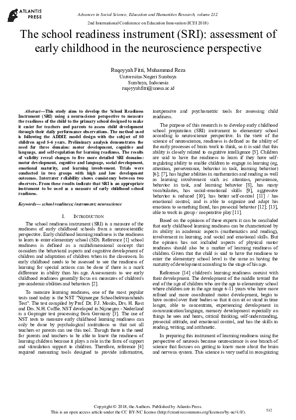 (PDF) The school readiness instrument (SRI): assessment of early ...