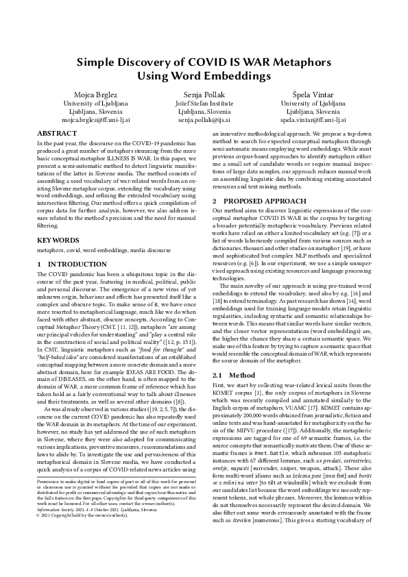 (PDF) Simple Discovery of COVID IS WAR Metaphors Using Word Embeddings