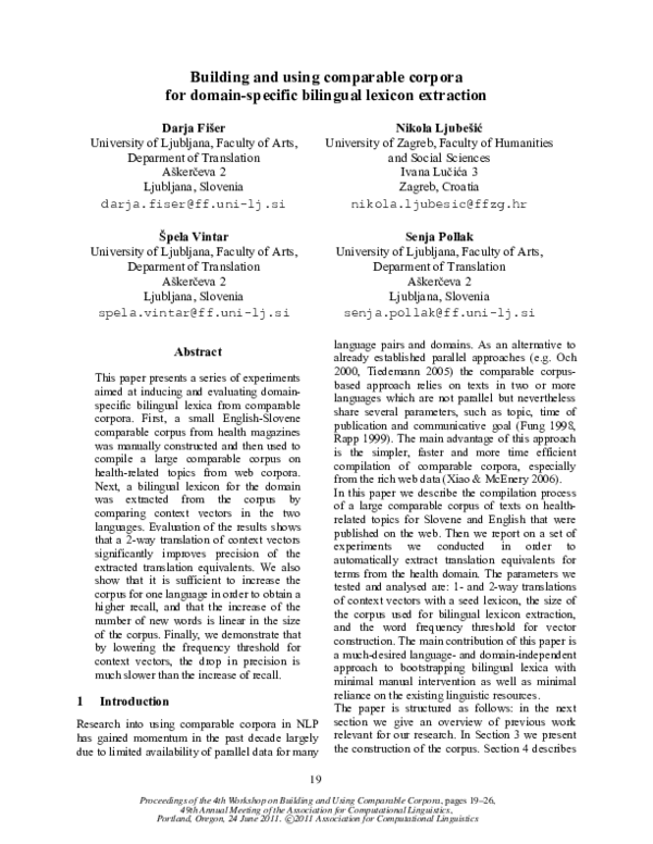 (PDF) Building and using comparable corpora for domain-specific bilingual lexicon extraction