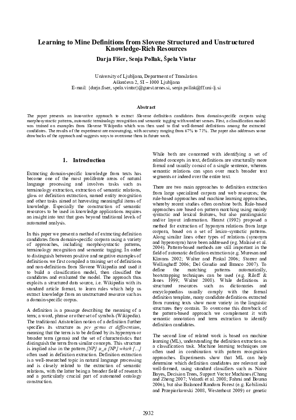 (PDF) Learning to mine definitions from Slovene structured and ...