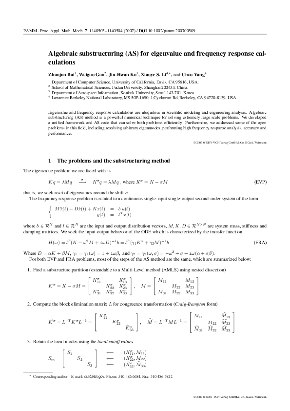 (PDF) Algebraic substructuring (AS) for eigenvalue and frequency response calculations
