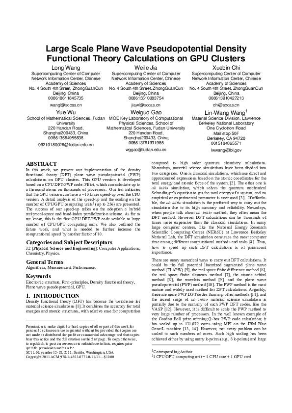 (PDF) Large scale plane wave pseudopotential density functional theory calculations on GPU clusters