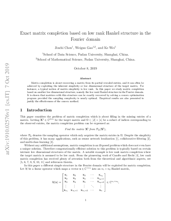 (PDF) Exact matrix completion based on low rank Hankel structure in the Fourier domain