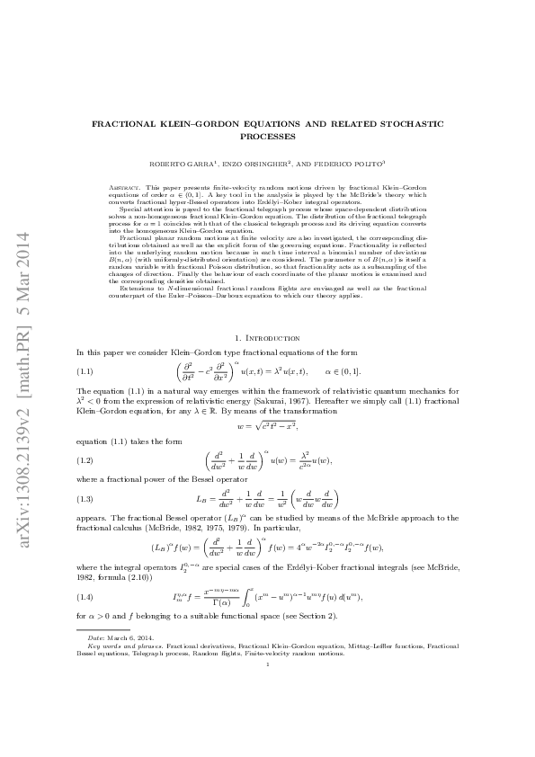 (PDF) Fractional Klein–Gordon Equations and Related Stochastic ...