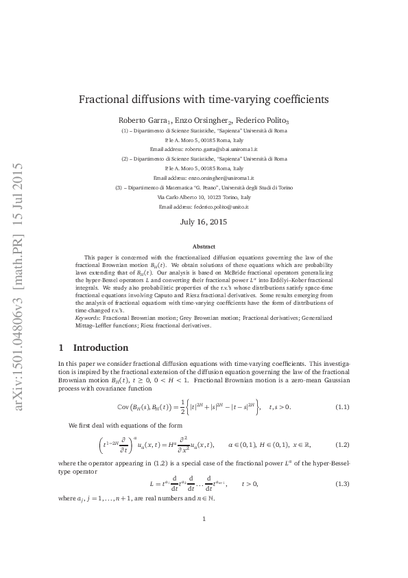 (PDF) Fractional diffusions with time-varying coefficients