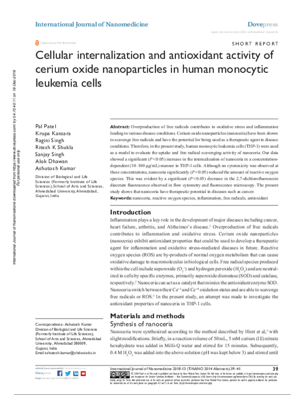 (PDF) Cellular internalization and antioxidant activity of cerium oxide ...