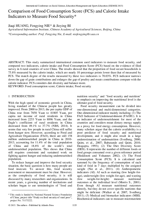 (PDF) Comparison of Food Consumption Score (FCS) and Calorie Intake ...