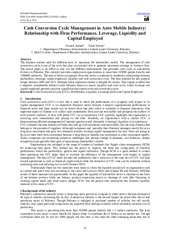 (PDF) Cash Conversion Cycle Management in Auto Mobile Industry ...