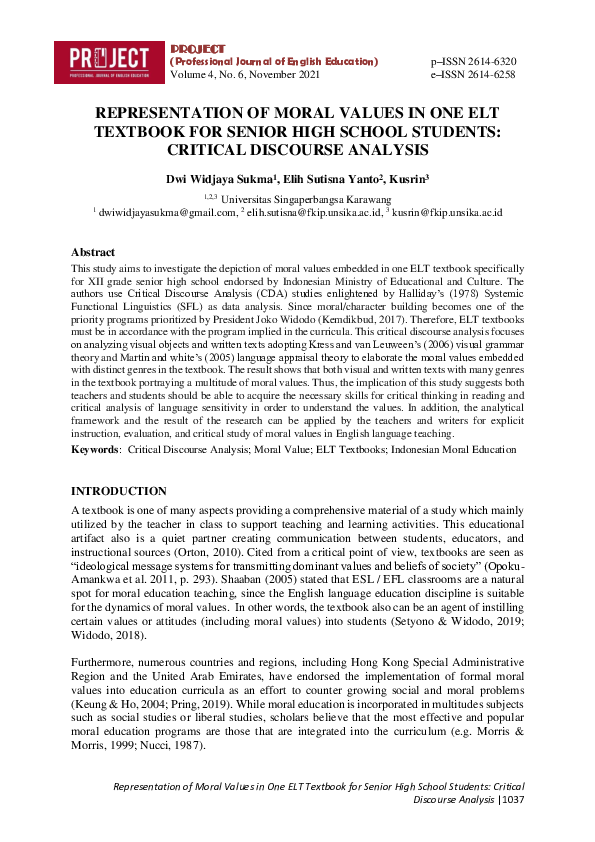 (PDF) Representation of Moral Values in One Elt Textbook for Senior ...