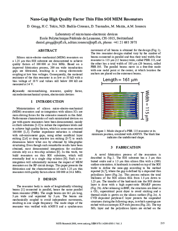 (PDF) Nano-gap high quality factor thin film SOI MEM resonators