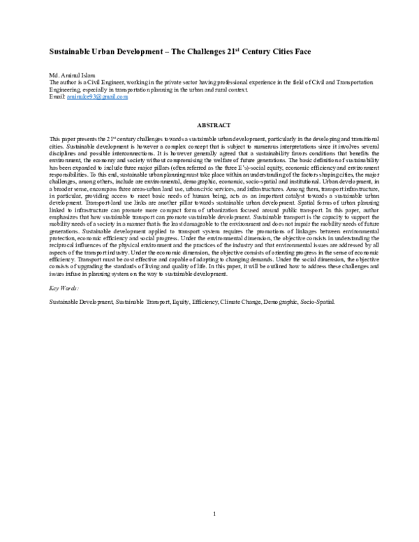 (PDF) Sustainable Urban Development -The Challenges 21 st Century ...